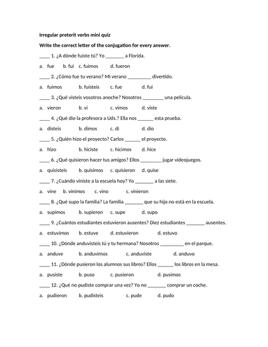 Irregular preterit verbs mini quiz | Teaching Resources