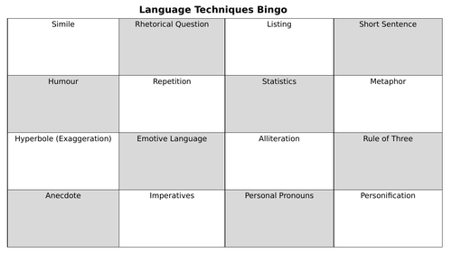 Language Techniques Bingo Game | Teaching Resources