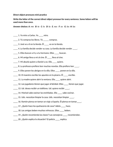 Direct object pronouns mini practice | Teaching Resources