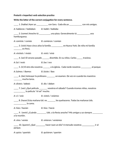 Preterit v Imperfect verb selection practice | Teaching Resources