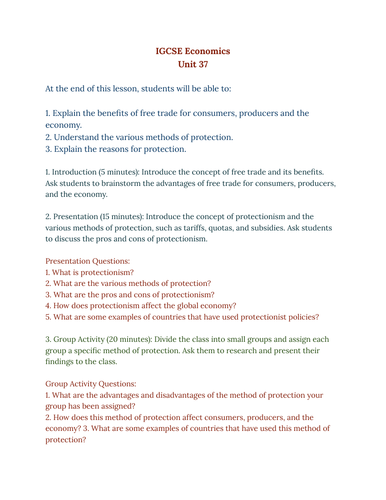 IGCSE Economics - Unit 37 - Free Trade and Methods of Protection ...