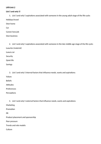 LIBF Unit 2 Exam questions: List 5 and only 5... | Teaching Resources