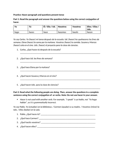 Hacer paragraph and questions present tense | Teaching Resources