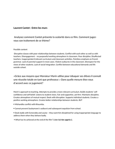 A LEVEL FRENCH 'ENTRE LES MURS' bank of exam questions and relevant ...