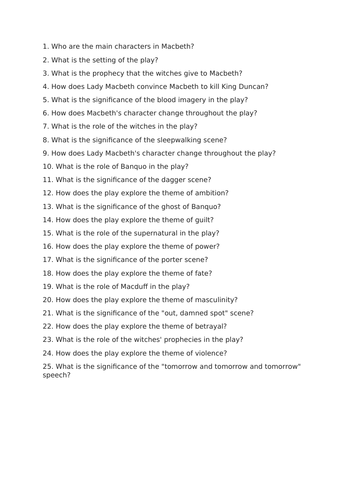 Macbeth Comprehension Questions | Teaching Resources