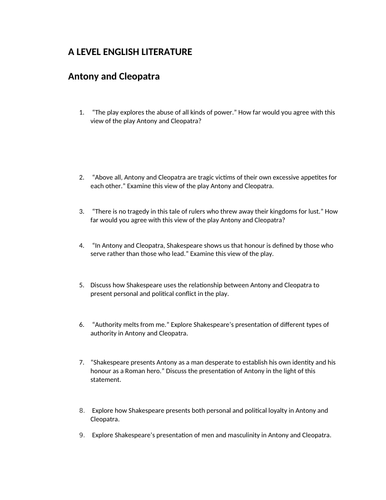 Revision Notes A LEVEL ENGLISH LITERATURE 'ANTONY AND CLEOPATRA ...