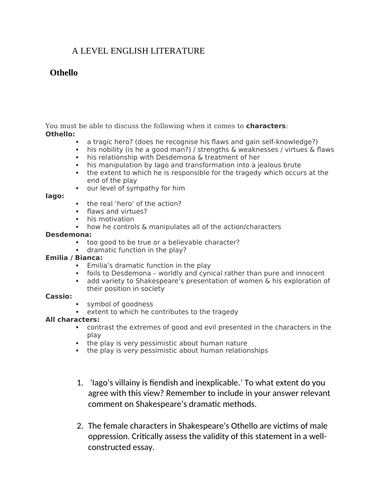 Revision Notes for Othello A LEVEL ENGLISH LITERATURE ; exam questions ...