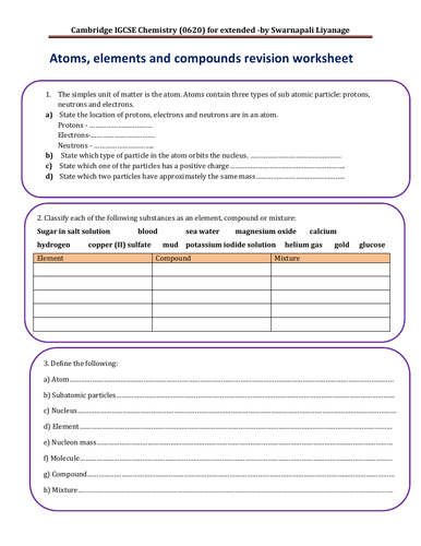 Atoms,elements and compounds revision worksheet | Teaching Resources