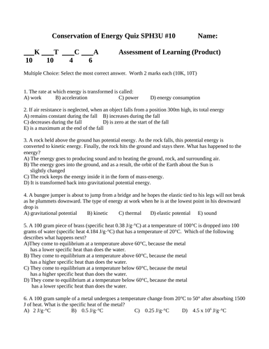 Power and CONSERVATION OF ENERGY QUIZ SPH3U Energy Physics Quiz WITH ...