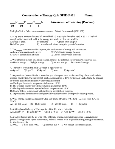 QUIZ CONSERVATION OF ENERGY Quiz SPH3U Power Quiz Physics Quiz WITH ...