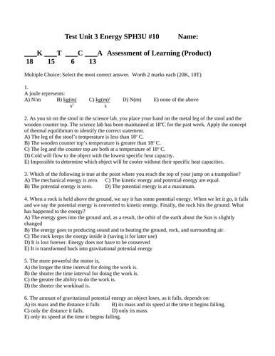 WORK AND ENERGY UNIT TEST Grade 11 Physics Energy Test SPH3U WITH ...
