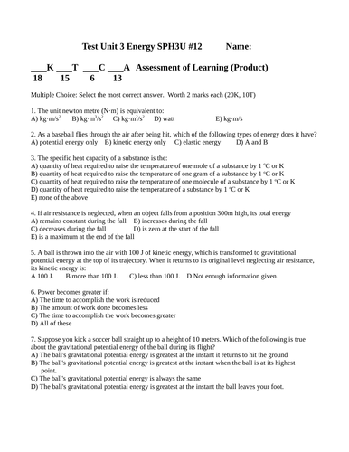 ENERGY AND WORK UNIT TEST Grade 11 Physics SPH3U Energy Test WITH ...