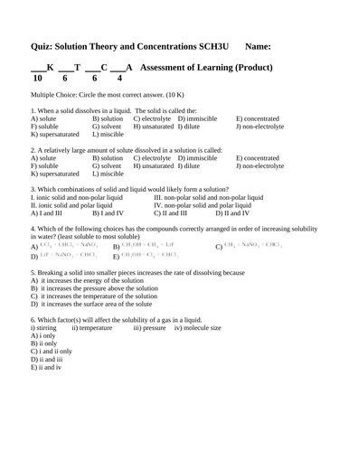 SOLUTIONS SOLUBILITY CONCENTRATIONS QUIZ SCH3U Chemistry Quiz WITH ...