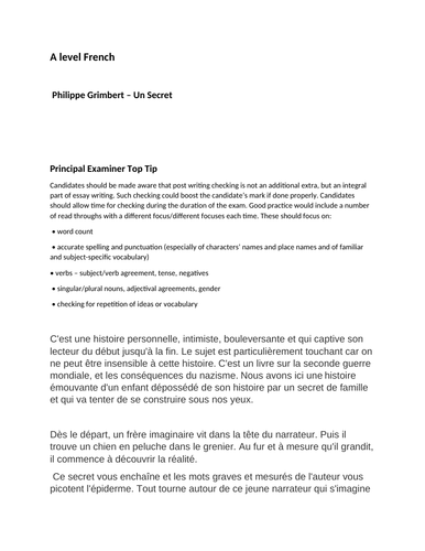 TEACHERS RESOURCE 'UN SECRET' FRENCH A LEVEL ; including mock essay ...