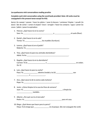 Los quehaceres mini conversations reading practice | Teaching Resources