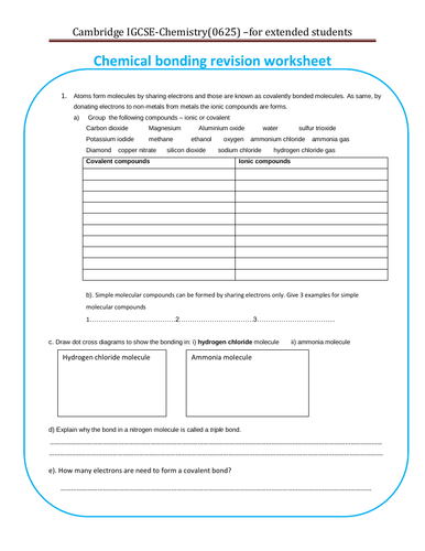 Chemical bonding ( for Cambridge IGCSE) revision worksheet. | Teaching ...