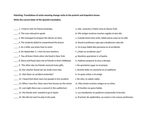 Preterit imperfect meaning change verbs translation matching practice ...