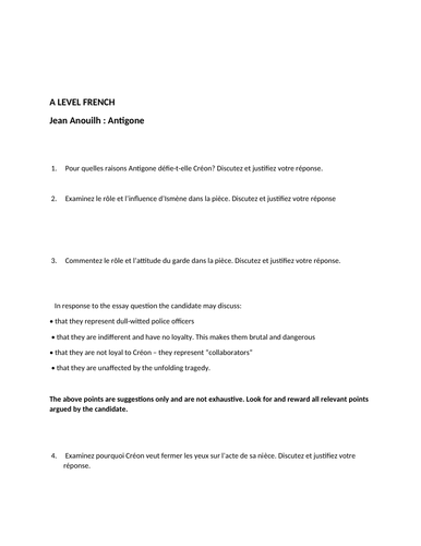 Jean Anouilh : Antigone: A LEVEL FRENCH REVISION AID; past exam ...