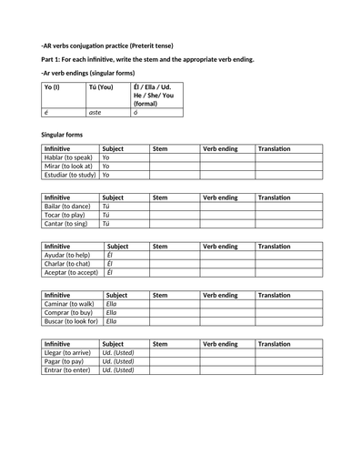 AR verbs preterit conjugation practice | Teaching Resources