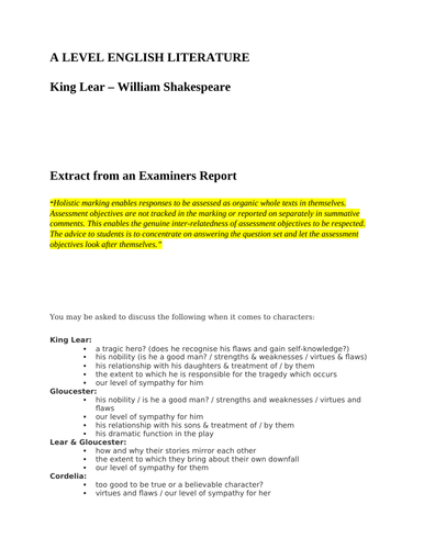 King Lear Questions And Marking Schemes – NNKHC