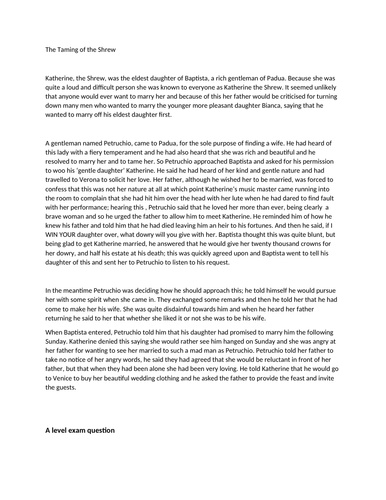 A LEVEL ENGLISH LITERATURE - an introduction to THE TAMING OF THE SHREW ...