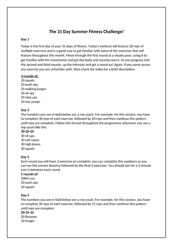 31 Days of Fitness Challenge for Summer | Teaching Resources
