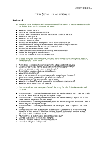 Hazardous Environments Revision Questions Edexcel IGCSE | Teaching Resources