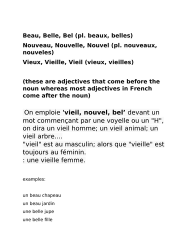Irregular Adjectives: nouveau, beau, vieux; A LEVEL FRENCH REVISION ...