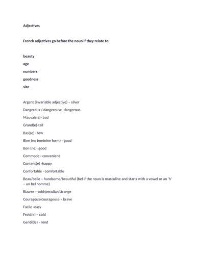 GCSE FRENCH REVISION OF ADJECTIVES; regular and irregular; position of ...