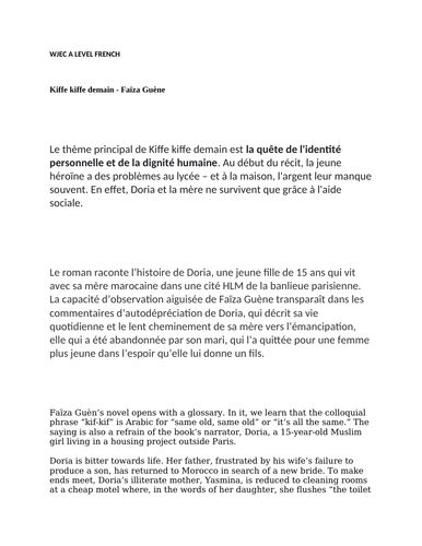 Revision Notes on KIFFE KIFFE DEMAIN writing a critical response A ...