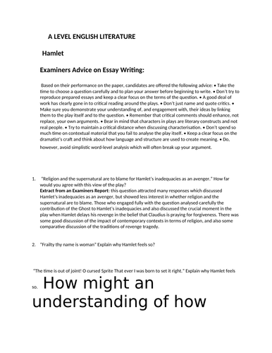 Mock Exam Question HAMLET A LEVEL ENGLISH LITERATURE - teachers ...