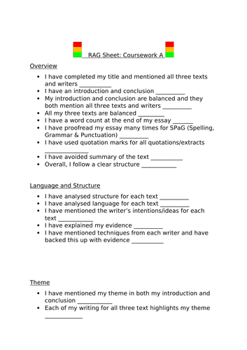 English Lang A IGCSE Coursework A RAG Sheet | Teaching Resources