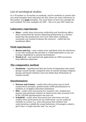 List of Studies from Research Methods AQA Sociology | Teaching Resources
