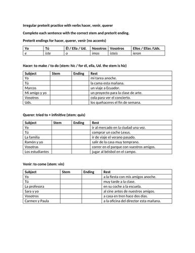 Irregular preterit practice with verbs hacer, venir, querer | Teaching ...
