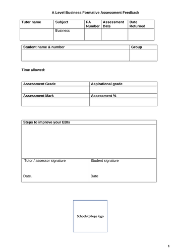 A Level Business Assessment Front Sheet | Teaching Resources
