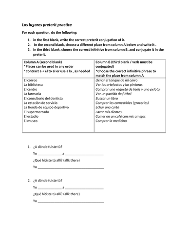 Los lugares (places) preterit practice | Teaching Resources