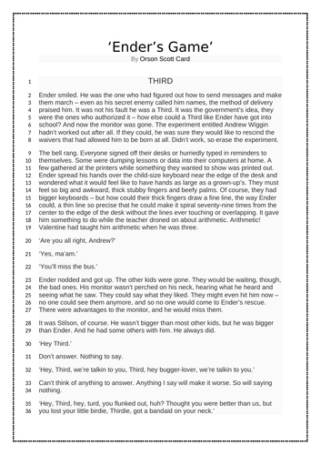 Enders Game - Comprehension and AQA paper 1 Question 1-4 | Teaching ...