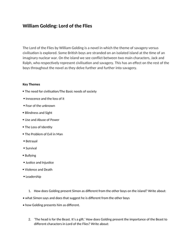 A BANK OF GCSE ENGLISH LITERATURE QUESTIONS ON LORD OF THE FLIES ...