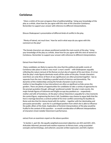 A BANK OF ESSAY QUESTION ON CORIALANUS ENGLISH LITERATURE A LEVEL ...