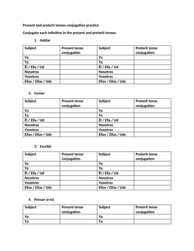 Present and preterit tenses conjugation practice | Teaching Resources