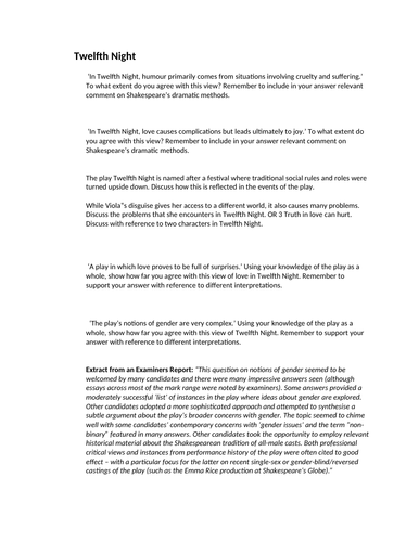 A bank of A level essay questions on Twelfth Night - A LEVEL ENGLISH ...
