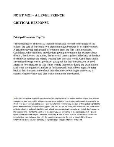 french a level - WRITING A CRITICAL RESPONSE - NO ET MOI | Teaching ...