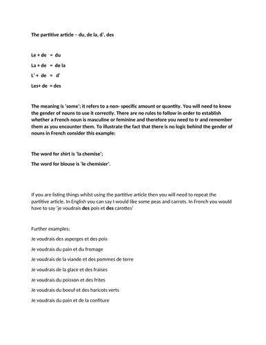 The partitive article in French - de, de la, du, d', des - saying 'some ...