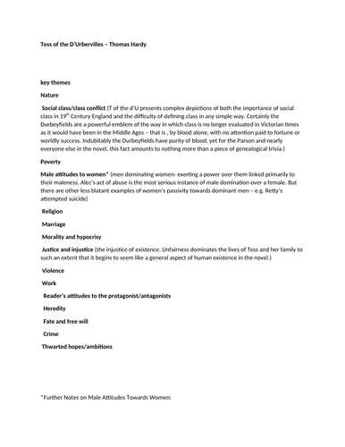 A LEVEL ENGLISH LITERATURE - a bank of essay questions on Tess of the D ...