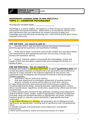Edexcel GCE Cognitive Psychology PRACTICAL Booklet | Teaching Resources