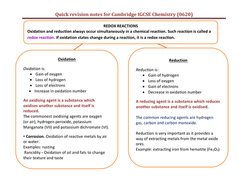 Quick revision for redox reactions | Teaching Resources