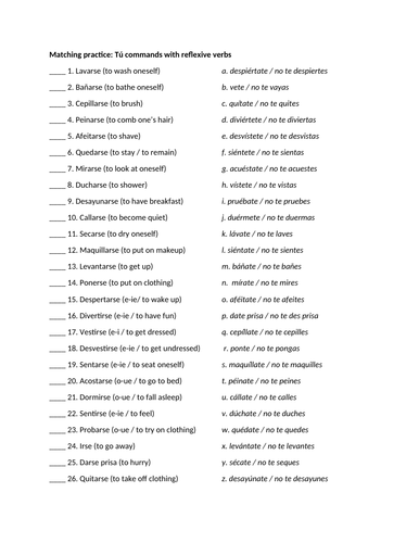 Matching practice: Tú commands with reflexive verbs | Teaching Resources
