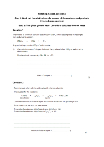 Reacting Masses (Calculating Moles with Balanced Equations) | Teaching ...