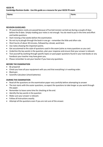 Cie Igcse Pe 0413 Whole Syllabus Revision Booklet Teaching Resources