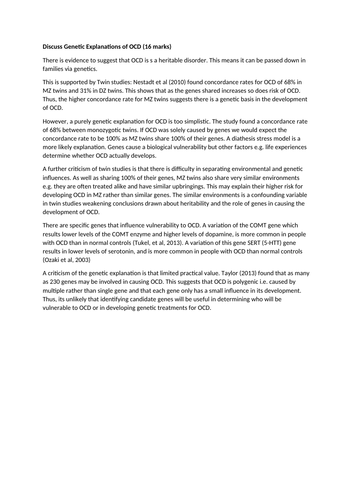 Discuss Genetic Explanations of OCD 16 Marks Model Essay Answer ...